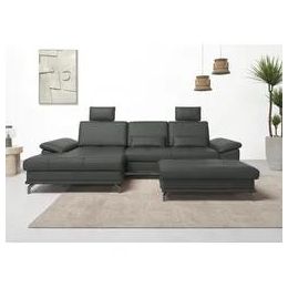 Ecksofa Places of Style "Costello L-Form, mit Sitztiefenverstellung, Armteilverstellung und" Sofas Gr. B/H/T: 301cm x 89cm x 176cm, NaturLEDER, Recamiere links, ohne Bettfunktion-ohne Bettkasten, grau (anthrazit) 3 Nierenkissen, optional Bettfunktion und Bettkasten