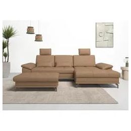 Ecksofa Places of Style "Costello L-Form" Sofas Gr. B/H/T: 301 cm x 89 cm x 176 cm, NaturLEDER, Recamiere rechts, ohne Bettfunktion-ohne Bettkasten-Rücken Leder, braun (cappucino) incl. Sitztiefenverstellung und Armlehnfunktion, 3 Nierenkissen