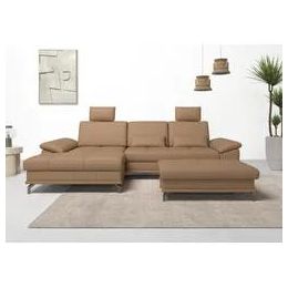 Ecksofa Places of Style "Costello L-Form" Sofas Gr. B/H/T: 301 cm x 89 cm x 176 cm, NaturLEDER, Recamiere links, ohne Bettfunktion-ohne Bettkasten-Rücken Leder, braun (cappucino) incl. Sitztiefenverstellung und Armlehnfunktion, 3 Nierenkissen