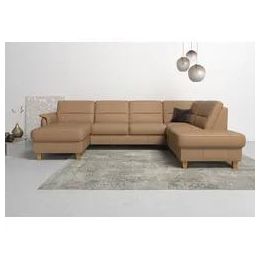 Wohnlandschaft Home Affaire "Palmera U-Form" Sofas Gr. B/H/T: 308 cm x 89 cm x 212 cm, NaturLEDER, Ottomane rechts, ohne Bettfunktion-ohne Bettkasten-Rücken mit Leder bezogen, braun (cappuccino) Federkern, wahlweise mit Bettfunktion und mitohne Stauraum