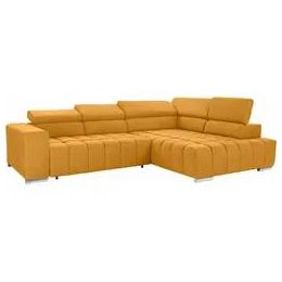 Ecksofa exxpo - SOFA FASHION "Elias, aktuelle Kreuzsteppung im Sitz, bequem, L-Form" Sofas Gr. B/H/T: 307cm x 94cm x 201cm, Webvelours, Ottomane rechts, ohne Bettfunktion, gelb (mustard) mit Kopf- bzw. Rückenverstellung, wahlweise Bettfunktion