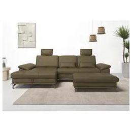 Ecksofa Places of Style "Costello L-Form" Sofas Gr. B/H/T: 301cm x 89cm x 176cm, NaturLEDER, Recamiere links, mit Bettfunktion-mit Bettkasten-Bett mit Leder bezogen, grün (olive) incl. Sitztiefenverstellung und Armlehnfunktion, 3 Nierenkissen