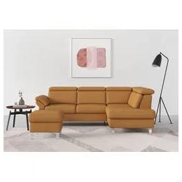 Sit & More Ecksofa SIT & MORE "Arngast L-Form" Sofas Gr. B/H/T: 245cm x 84cm x 194cm, NaturLEDER, Ottomane rechts, mit Bettfunktion-mit Bettkasten-Bett mit Leder bezogen, gelb (curry) inklusive Kopfteilverstellung und Federkern