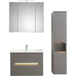 Badmöbel-Set SAPHIR "Quickset 3-teilig, Keramik-Waschtisch und LED-Spiegelschrank" Kastenmöbel-Sets grau (quarzgrau matt touch, quarzgrau matt, akzent riviera eiche quer nb) Bad-Sparsets mit Midischrank, 2 Türen, 1 Nische, Schubladen, inkl. Türdämpfer