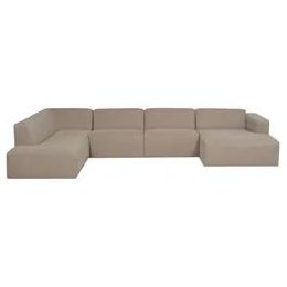 Wohnlandschaft Inosign "Kelani" Sofas Gr. B/H/T: 384cm x 73cm x 227cm, Webstoff fein, Ottomane links, beige (cream) mit dekorativer Knopfsteppung an den Armlehnen