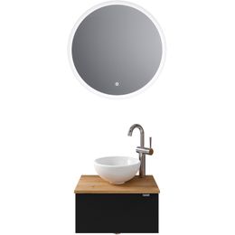 Badmöbel-Set SAPHIR "Serie 6915", schwarz (schwarz matt select, halifax eiche), B:51cm H:200cm T:35cm, Kastenmöbel-Sets, Gäste-Bad, mit LED-Spiegel und 1 Tür