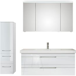 Badmöbel-Set SAPHIR "Balto Sprint 3-teilig, Mineralmarmor-Waschtisch mit LED-Spiegelschrank" Kastenmöbel-Sets Gr. B/H/T: 153 cm x 200 cm x 50,8 cm, 1 Mineralmarmor-Waschtisch weiß-1 Waschtischunterschrank mit 2 Auszügen-1 Spiegelschrank mit 2 Drehtüren-1 LED-Lichtkranz-1 Midischrank mit 1 Drehtür, 2 Auszügen, weiß (weiß hochglanz, glanz) Bad-Sparsets Badezimmer Set mit Midischrank inkl Türdämpfer,