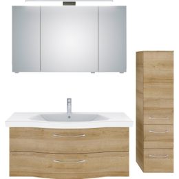 Badmöbel-Set SAPHIR "6005 Sprint 3-teilig, Keramik-Waschtisch mit LED-Spiegelschrank" Kastenmöbel-Sets Gr. B/H/T: 152 cm x 200 cm x 51,5 cm, 1 Keramikwaschtisch weiß-1 Waschtischunterschrank mit 2 Auszügen-1 Spiegelschrank mit 3 Drehtüren-1 LED-Aufsatzleuchte-1 Midischrank mit 1 Drehtür, 2 Auszügen, braun (riviera eiche quer nachbildung) Bad-Sparsets Midischrank, inkl. Türdämpfer, 4 Türen, Schubla