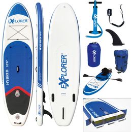 Inflatable SUP-Board EXPLORER "Hybrid 10.6 Doppelkammer Komplettset" Wassersportboards Gr. 320 x 84 x 15cm 320 cm, blau (blau, weiß) Stand Up Paddle mit Paddel, Kajaksitz, Pumpe, Fangleine, Packsack
