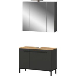 Badmöbel-Set Germania "Yonkers", braun (graphit, navarra, eiche, nachbildung), B:80cm H:200cm T:34cm, Spanplatte, Kastenmöbel-Sets, Set bestehend aus 1 Waschbeckenunterschrank und 1 Spiegelschrank