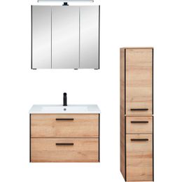 Badmöbel-Set SAPHIR "Quickset 395 3-teilig, Keramikwaschtisch mit LED-Spiegelschrank" Kastenmöbel-Sets Gr. Riviera Eiche quer Nachbildung mit schwarzem L-Profil vorne, braun Bad-Sparsets Midischrank, inkl. Türdämpfer, 5 Türen, 3 Schubladen, Bad-Set