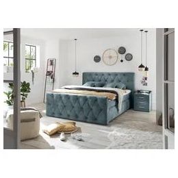 Boxspringbett ED EXCITING DESIGN "Hammonton" Komplettbetten Gr. Microvelours, Liegefläche B/L: 180 cm x 200 cm, Gewicht bis: 120 kg + 120 kg H2 + H2, 7-Zonen-Tonnentaschen-Federkernmatratze, blau (blau, infinity 12 smoke blue) Boxspringbett inkl. Topper mit Klimaband und 2 versteckten Bettkästen