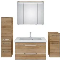 Badmöbel-Set SAPHIR "Balto Sprint 4-teilig, Mineralmarmor-Waschtisch mit LED-Spiegelschrank" Kastenmöbel-Sets Gr. B/H/T: 152 cm x 200 cm x 50,8 cm, 1 Mineralmarmor-Waschtisch weiß-1 Waschtischunterschrank mit 2 Auszügen-1 Spiegelschrank mit 3 Drehtüren-1 LED-Lichtkranz-1 Unterschrank mit 1 Drehtür, 1 Auszug-1 Midischrank mit 1 Drehtür, 2 Auszügen, braun (riviera eiche quer nachbildung) Midischrank