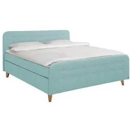 Boxspringbett Tom Tailor HOME "NORDIC BOX" Komplettbetten Gr. Struktur fein TBO, Liegefläche B/L: 180cm x 200cm, H3 + H3, 5-Zonen-Tonnentaschen-Federkernmatratze, blau (ice blue tbo 56) Boxspringbett mit Knopfheftung im Kopfteil und Fußteil, Füße in Buche natur