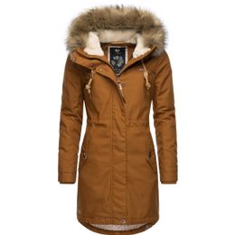 Winterjacke Ragwear "Tawny", Damen, Gr. XS (34), gelb (ocker), Außenmaterial: 65% Polyester, 35% Baumwolle, Innenfutter: 100% Polyester, Wattierung: 100% Polyester, modisch, tailliert ca. Mitte Oberschenkel, Langarm mit Knopf Rippstrickbündchen, Jacken, stylischer Winterparka mit großer Kapuze und Kunstfellkragen