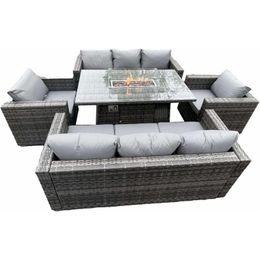 8-Sitzer Outdoor pe Rattan Gartenmöbel Gas Feuer Grube Esstisch Set Lounge Sofa 2-Stücke Sessel Dunkelgrau gemischte Terrasse - Fimous