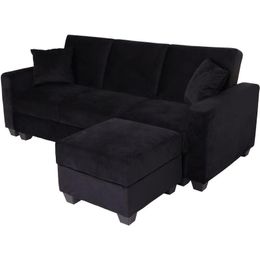 Sofa HHG 539 mit Ottomane, Couch Sofa Gästebett, Schlaffunktion Stauraum 217x145cm Samt schwarz