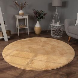 Teppich Wohnzimmer Kunstfell Shaggy Hochflor Waschbar In Waschmaschine Soft Uni Gelb 160 cm Rund - Paco Home