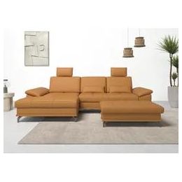 Ecksofa Places of Style "Costello L-Form, mit Sitztiefenverstellung, Armteilverstellung und" Sofas Gr. B/H/T: 301cm x 89cm x 176cm, NaturLEDER, Recamiere links, ohne Bettfunktion-ohne Bettkasten, gelb (curry) 3 Nierenkissen, optional Bettfunktion und Bettkasten