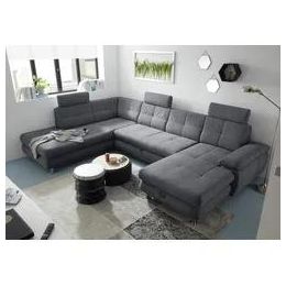 Wohnlandschaft ED EXCITING DESIGN "Alba U-Form" Sofas Gr. B/H/T: 349cm x 88cm x 233cm, Webstoff, Ottomane links, grau (anthrazit) mit Bettfunktion, Bettkasten, Kopfstützen, Armteilverstellung