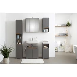 Badmöbel-Set SAPHIR "Quickset 5-teilig, Waschbeckenunterschrank mit LED-Spiegelschrank", grau (quarzgrau matt touch, quarzgrau matt, akzent riviera eiche quer nb), Kastenmöbel-Sets, Hochschrank, Unterschrank, Hängeschrank, inkl. Türdämpfer, 9 Türen