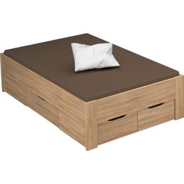 Stauraumbett Rauch "Aditio", braun (struktureichefarben hell), B:126cm H:50cm L:208cm, Betten, ohne Kopfteil, inklusive Schubkästen