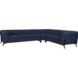 Chesterfield-Sofa LEONIQUE "Amaury L-Form", blau, B:323cm H:75cm T:264cm, Struktur (100% Polyester);Samtoptik (100% Polyester), Sofas, großes Ecksofa, Chesterfield-Optik, Breite 323 cm, Fußfarbe wählbar