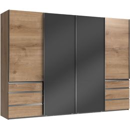 Schwebetürenschrank wimex "Level by fresh to go" Schränke Gr. B/H/T: 300 cm x 216 cm x 65 cm, 4 St., grau (plankeneichefarben, grauglas) mit Glastüren und Synchronöffnung