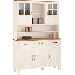 Küchenbuffet Home Affaire "Alby", weiß (weiß, honigfb), B:125cm H:185cm T:38cm, Massivholz, Schränke, Breite 125 cm, 2 Glastüren, 2 Schubladen