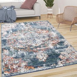 Paco Home - Teppich Wohnzimmer Kurzflor Vintage Moderne Orient Optik Abstrakt Blau Beige 120x170 cm