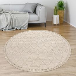 Paco Home - Teppich Wohnzimmer Esszimmer Boho Rauten Muster Geometrisch Mit Fransen Modern 120 cm Rund, Creme 7