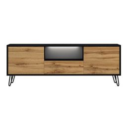 Selsey - ploystea - TV-Schrank mit offenem Fach und 3 geschlossenen Fächern, modern, 137 cm breit (Schwarz / Wotan Eiche, mit led)