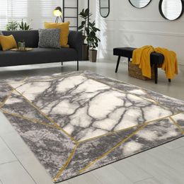 Teppich Wohnzimmer Kurzflor Marmor Design Bordüre Geometrisch Grau Gold 160x230 cm - Paco Home