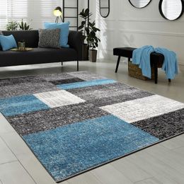 Paco Home - Wohnzimmer Teppich Modern Kurzflor Karo Design Used Look Türkis Grau Weiß 200x280 cm