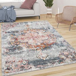 Paco Home - Teppich Wohnzimmer Kurzflor Vintage Moderne Orient Optik Abstrakt Gau Rot Gelb 160x230 cm