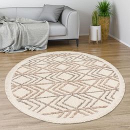 Paco Home - Teppich Wohnzimmer Esszimmer Boho Rauten Muster Geometrisch Mit Fransen Modern 120 cm Rund, Creme 3