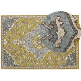 Beliani Teppich Gelb und Blau Wolle 140 x 200 cm Kurzflor Orientalisches Design Vintage Handgetuftet Rechteckig Wohnzimmer Schlafzimmer Flur