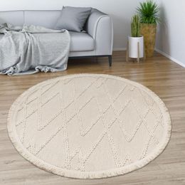 Paco Home - Teppich Wohnzimmer Esszimmer Boho Rauten Muster Geometrisch Mit Fransen Modern 120 cm Rund, Creme 5