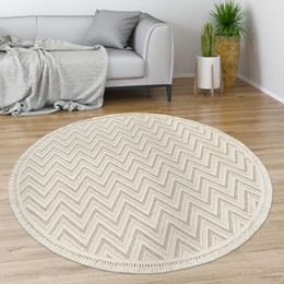 Paco Home - Teppich Wohnzimmer Esszimmer Boho Rauten Muster Geometrisch Mit Fransen Modern 120 cm Rund, Creme 2