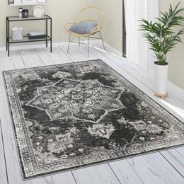 Paco Home - Teppich Wohnzimmer Kurzflor Vintage Orientalisches Muster Bordüre Schwarz Grau 80x300 cm