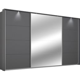 Schwebetürenschrank Rauch "Kleiderschrank Schrank Garderobe CORTONA mit Passepartout" Schränke Gr. B/H/T: 323 cm x 233 cm x 64 cm, Mit Beleuchtung, 3 St., grau (graumetallic) Schwebetürenschränke und Schiebetürenschränke optionaler Beleuchtung inkl. Inneneinteilung 2 Boxen Böden