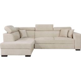Ecksofa Home Affaire "Tulio L-Form", beige (cream), B:267cm H:95cm T:198cm, Struktur fein (100% Polyester);Struktur (100% Polyester);Samtstruktur (100% Polyester), Sofas, Ecksofa, wahlweise mit Bettfunktion und Bettkasten, incl. 3 Zierkissen