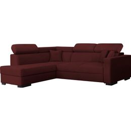 Ecksofa Home Affaire "Tulio L-Form", rot (bordeaux), B:267cm H:95cm T:198cm, Struktur fein (100% Polyester);Struktur (100% Polyester);Samtstruktur (100% Polyester), Sofas, Ecksofa, wahlweise mit Bettfunktion und Bettkasten, incl. 3 Zierkissen