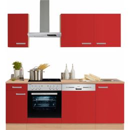 Küchenzeile Optifit "Odense" Komplettküchen-Sets Gr. B/T: 210 cm x 60 cm, rot (küche: rot, korpus: buchefarben, arbeitsplatte: buchefarben) Breite 210 cm, mit 28 mm starker Arbeitsplatte, Besteckeinsatz