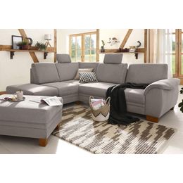 Ecksofa Home Affaire "Husum L-Form", grau (hellgrau), B:269cm H:90cm T:219cm, Luxus-Microfaser mit Druck (100% Polyester);Luxus-Microfaser in Lederoptik (100% Polyester);Luxus-Microfaser ALTARA NUBUCK (100% Polyester), Sofas, Ecksofa, mit Sitztiefenverstellung, Federkern-Polsterung und Kontrastnaht