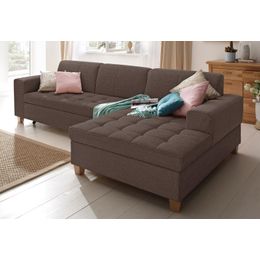 Ecksofa Home Affaire "Corby L-Form", braun (mittelbraun), B:266cm H:80cm T:162cm, Struktur fein (100% Polyester);Chenille (100% Polyester);NaturLEDER (echtes Rindsleder) auf Sitzfl&auml;che, Kunstleder im Korpus;Melrose (100% Polyester), Sofas, Ecksofa, wahlweise mit Bettfunktion, Steppung auf Sitzfl&auml;che