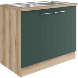 Spülenschrank Optifit "Bella" Schränke Gr. B/H/T: 100 cm x 84,8 cm x 60 cm, 2 St., grün (steingrün, wildeiche, wildeiche) Spülenschränke Breite 100 cm, mit Edelstahl-Einbauspüle