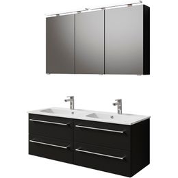 Badmöbel-Set SAPHIR "Serie 6025 2-teilig Mineralmarmor-Waschtisch mit LED-Spiegelschrank" Kastenmöbel-Sets Gr. B/H/T: 132 cm x 200 cm x 48 cm, Waschtisch weiß, schwarz (schwarz matt select) Bad-Sparsets Waschplatz 132cm breit, 4 Schubladen, 2 Spiegel-Türen, inkl Türdämpfer