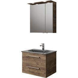 Badmöbel-Set SAPHIR "Serie 6025 2-teilig Mineralmarmor-Waschtisch mit LED-Spiegelschrank", braun (eiche ribbeck quer nb), B:67cm H:200cm T:48cm, Spanplatte, Kastenmöbel-Sets, Waschplatz 67 cm breit, 2 Schubladen, 2 Spiegel-Türen, inkl Türdämpfer