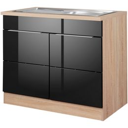 Spülenschrank KOCHSTATION "KS-Brindisi" Schränke Gr. B/H/T: 100 cm x 85 cm x 60 cm, 2 St., schwarz (schwarz hochglanz, eichefarben) Spülenschränke 100 cm breit, inklusive Einbauspüle